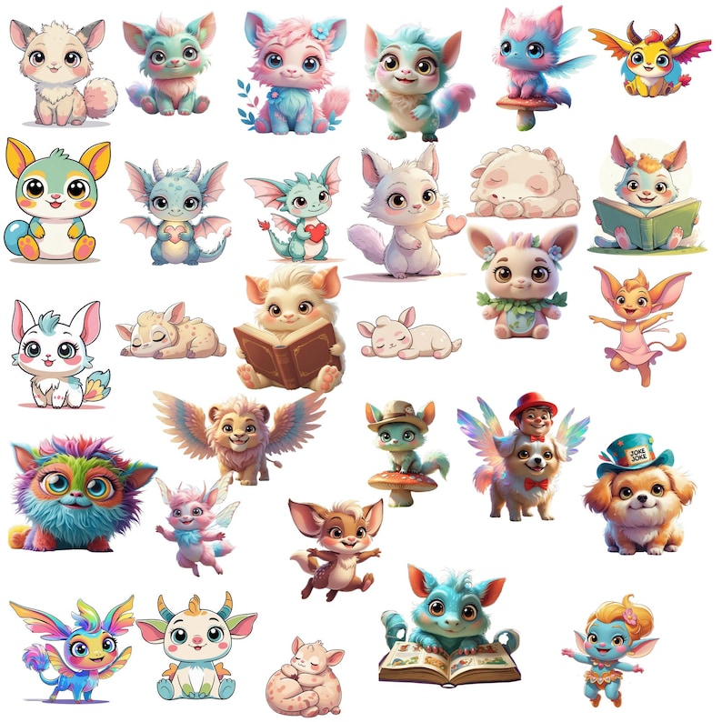30 Kawaii Fantasy Creatures PNG Bundle - Cute Magical Monsters Clipart ...