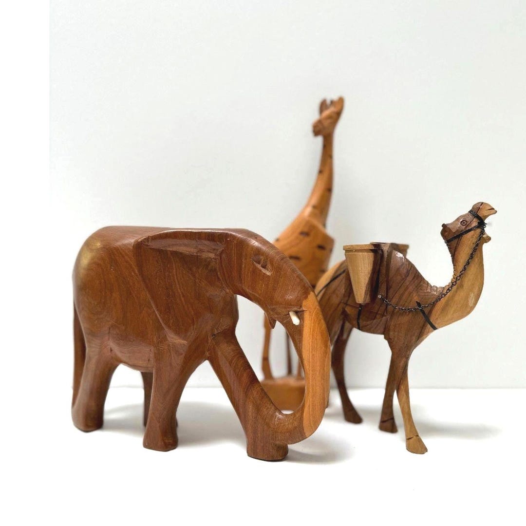 Vintage MCM Hand Carved Wooden Animal Sculptures Set of 3 Safari ...