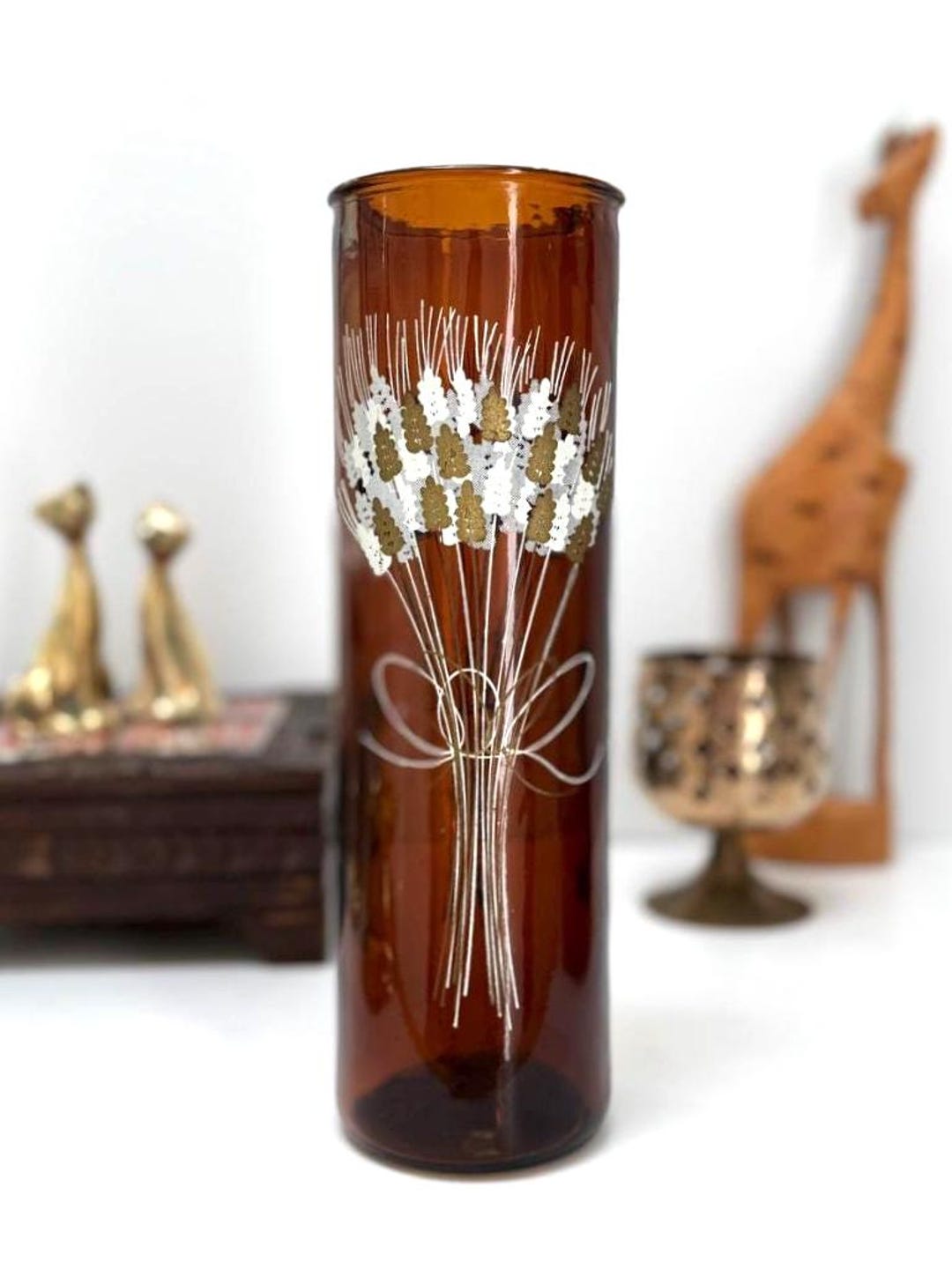 Vintage 1970s Wheat Pattern Glass Vase Candle Holder - Brown Glass Vase ...