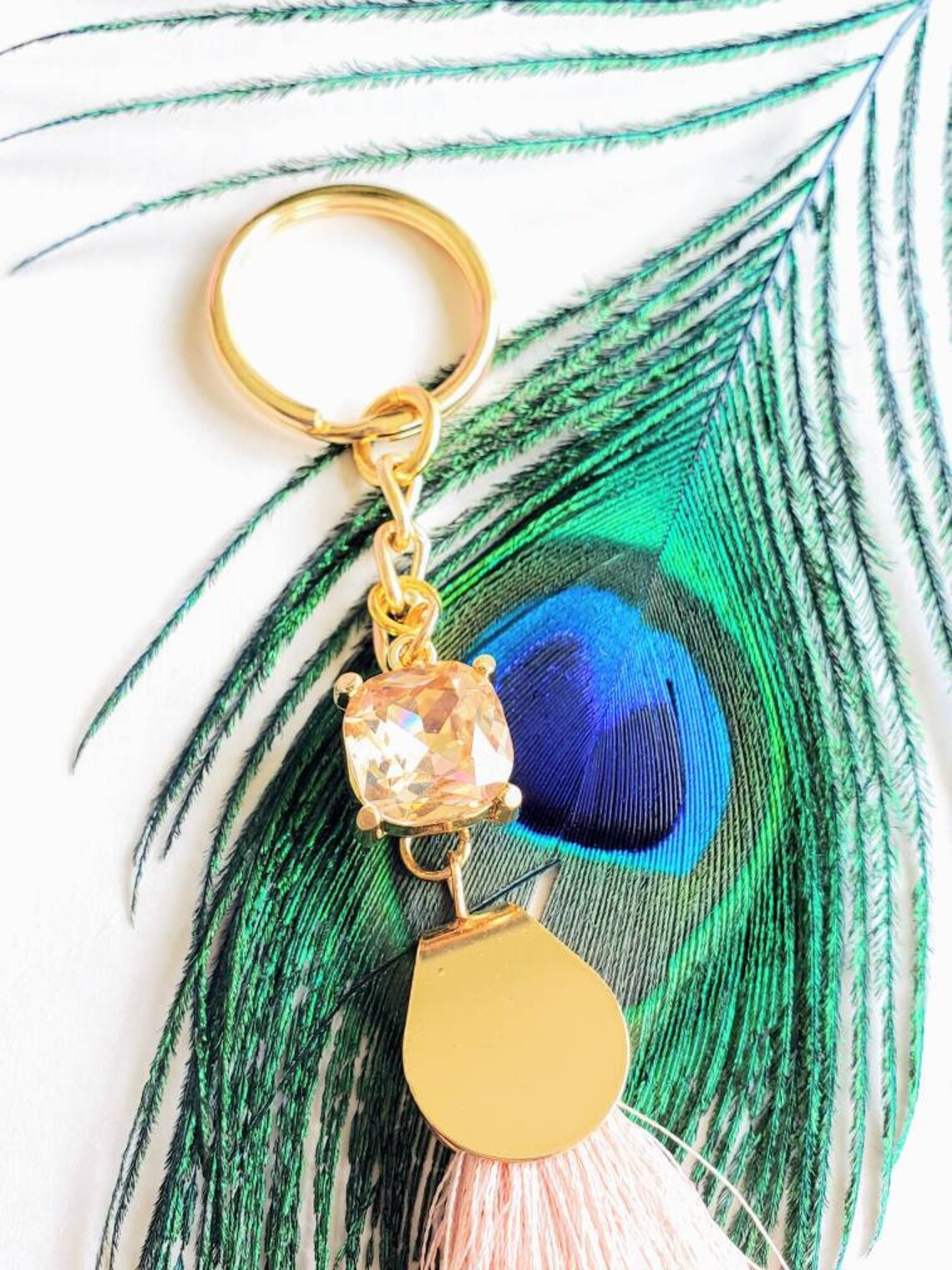 Gold Key Chain With Pink Tassel, Peach Glass Solitaire Key Chain, Glam ...