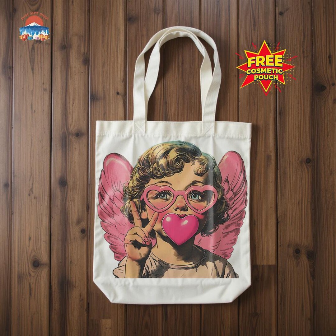Retro Cupid Valentine Tote Bag, Bubble Blowing Illustration, Playful ...
