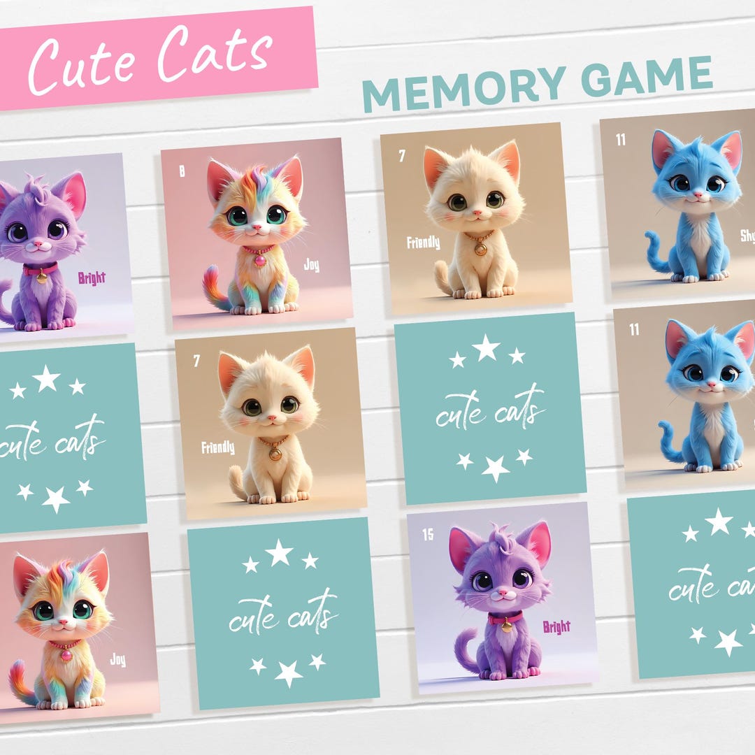 Printable Cat Memory Game for Kids: Kitten Matching Flashcards (digital ...