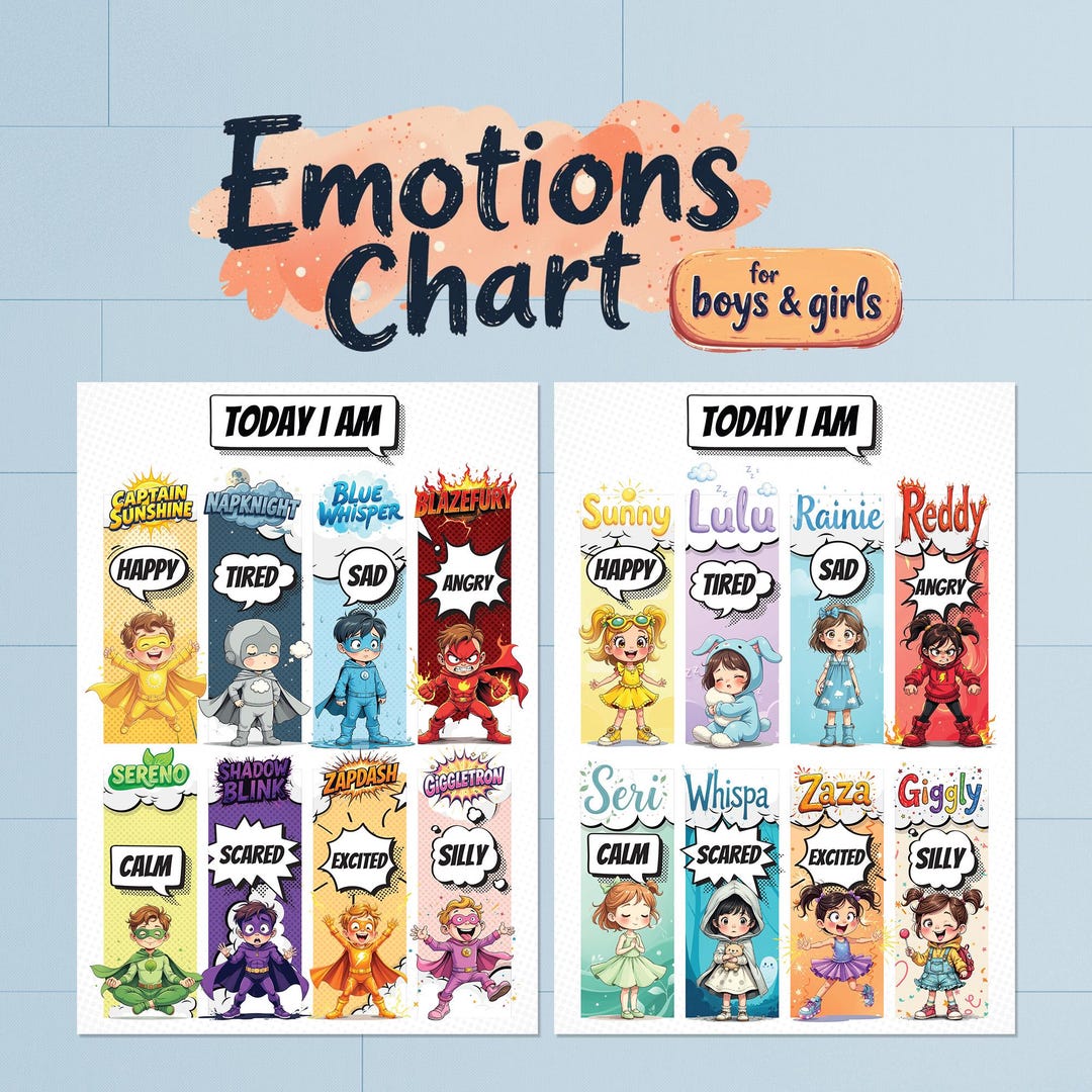 Printable Feelings Chart for Kids – Superhero Boys & Cute Girls ...