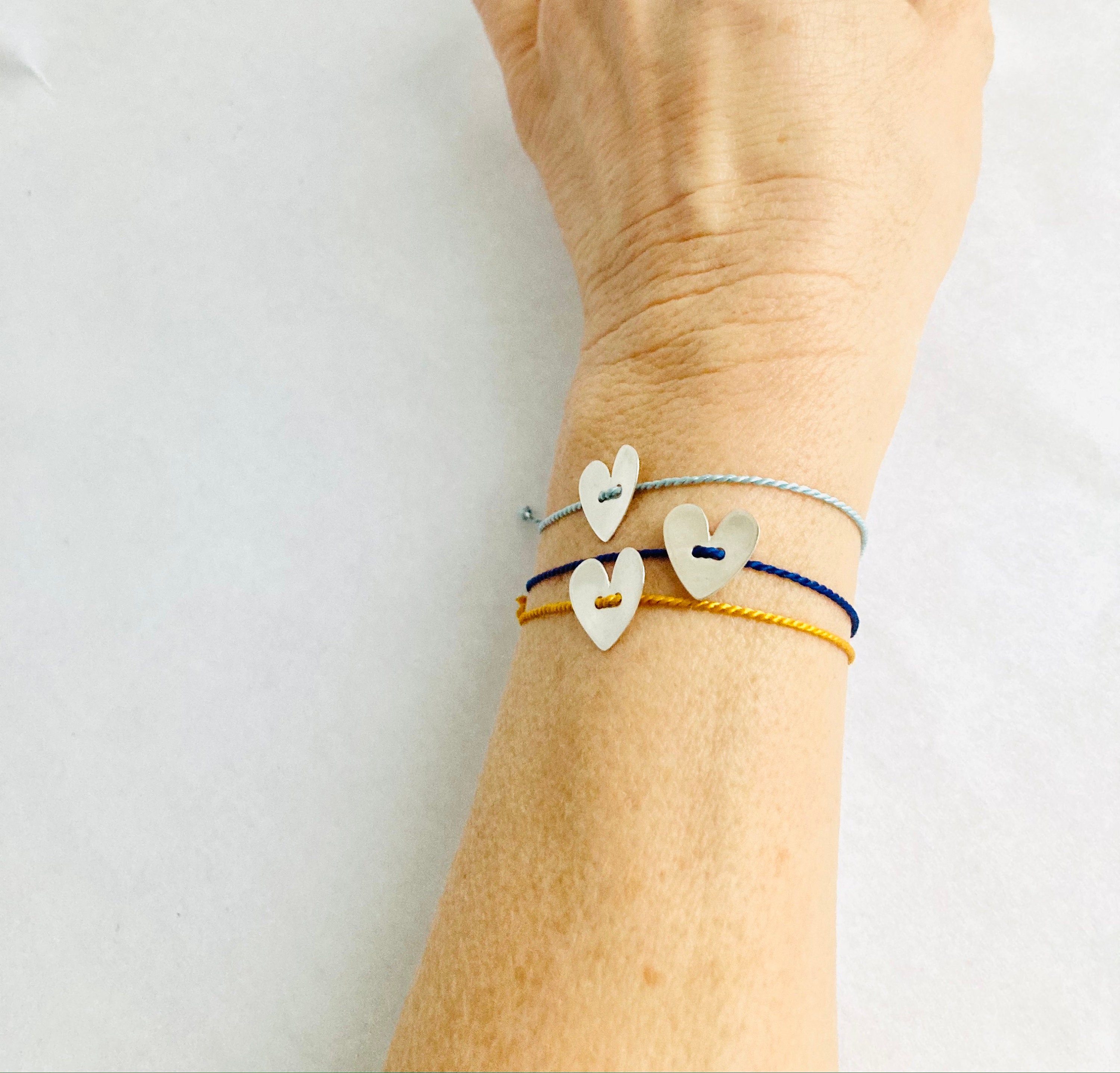 Yellow Gold Silk Thread Bracelet With Sterling Silver Heart ...