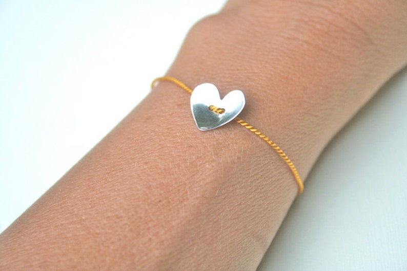 Yellow Gold Silk Thread Bracelet With Sterling Silver Heart ...