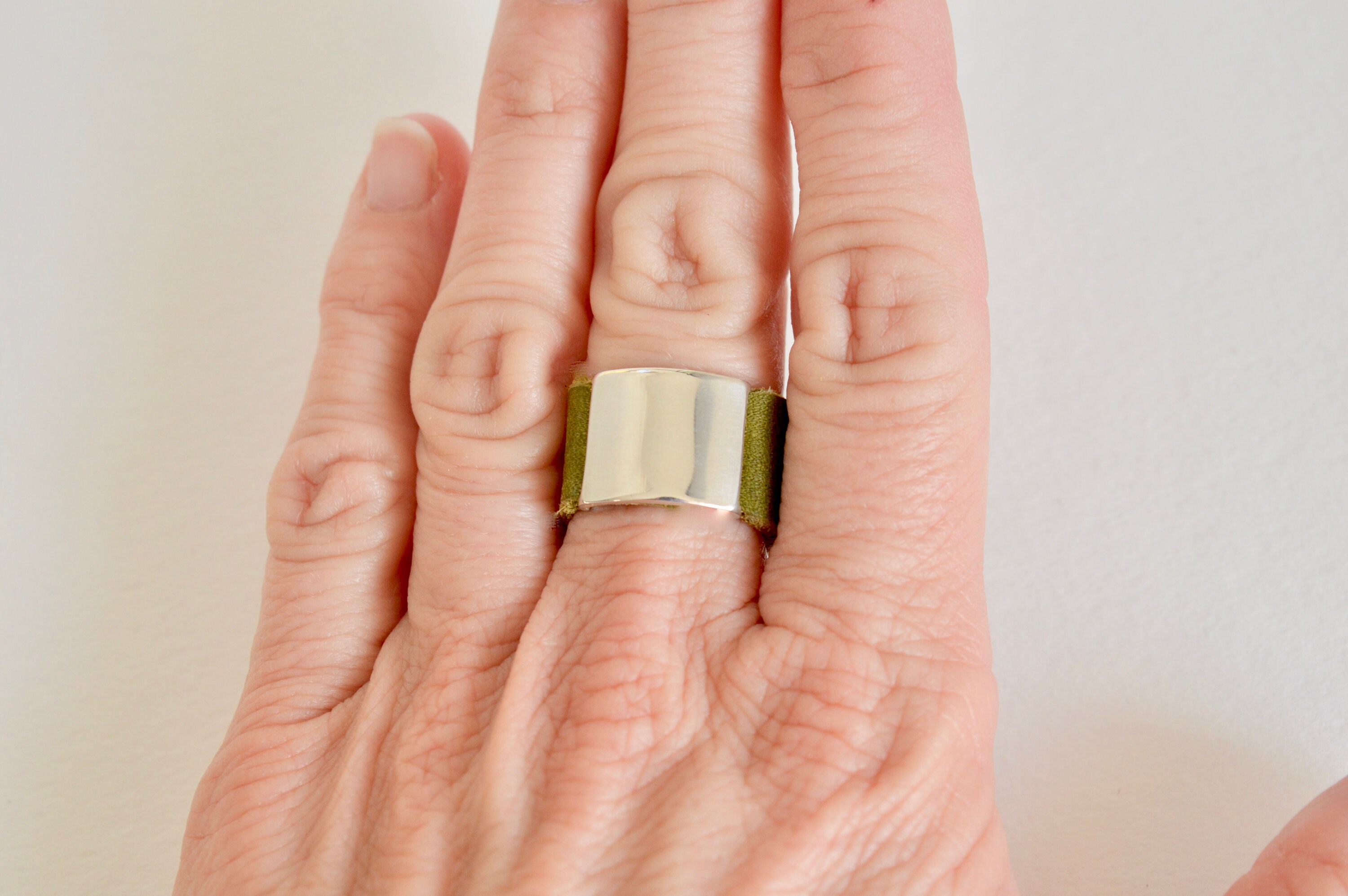 Green Leather and Sterling Silver Belt buckle ring size 8 | Etsy