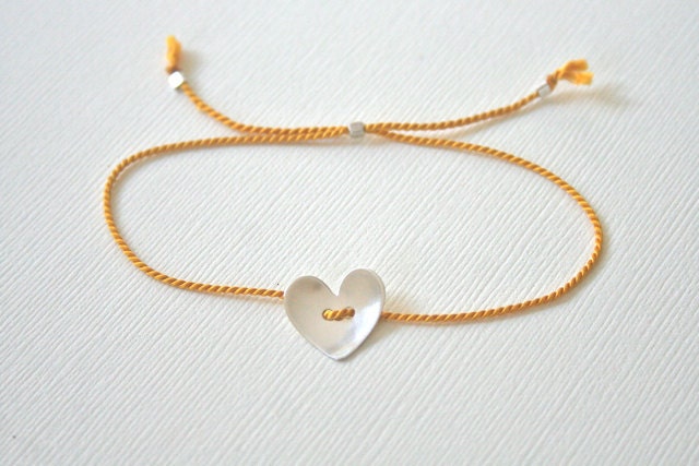 Yellow Gold Silk Thread Bracelet With Sterling Silver Heart ...