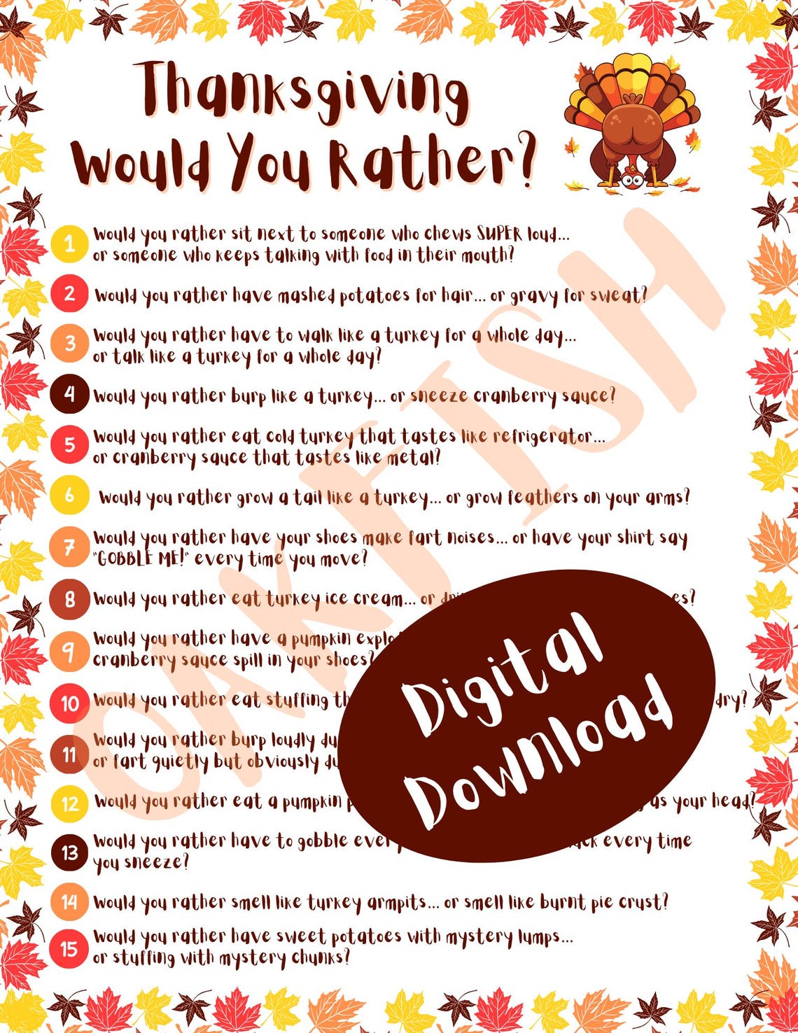 Thanksgiving Would You Rather Game - Digital Download - BONUS Page ...