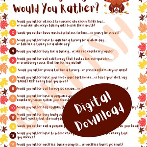 Thanksgiving Would You Rather Game - Digital Download - BONUS Page ...