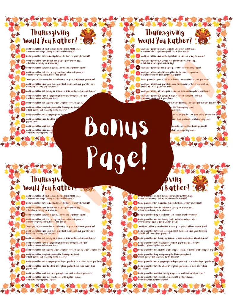 Thanksgiving Would You Rather Game - Digital Download - BONUS Page ...