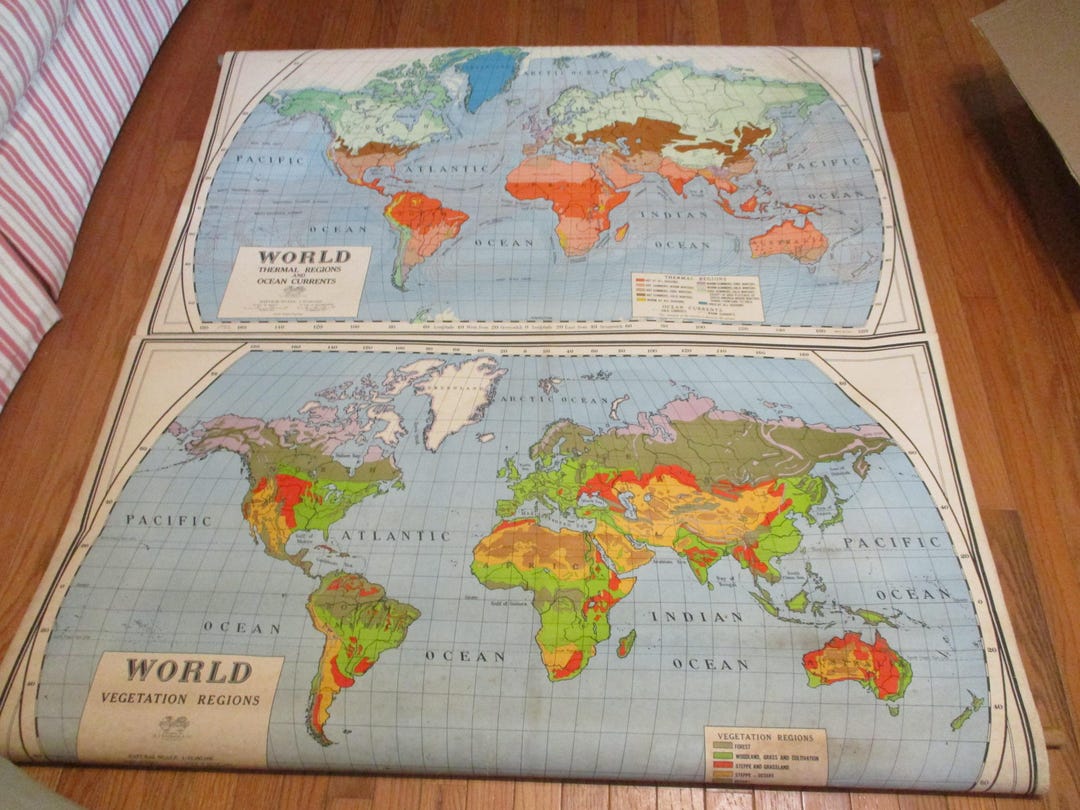 Vintage / Antique Dowel Pull Down Schoolroom World Map With Hanging ...