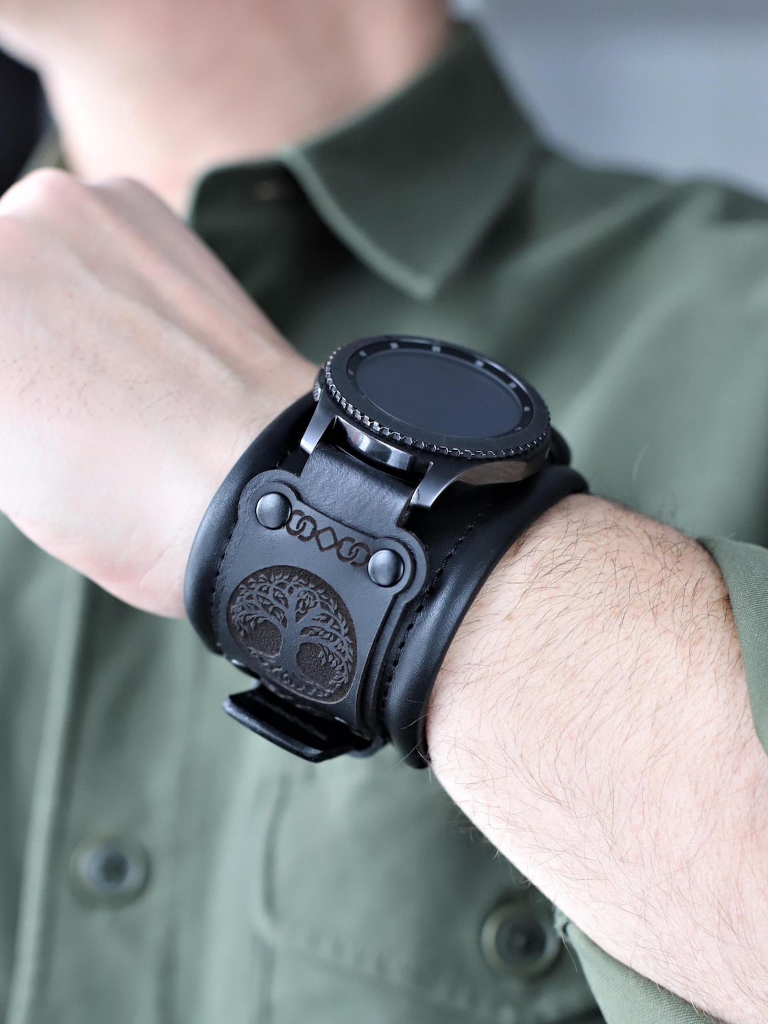 Personalized Leather Smartwatch Band: Engraved Celtic Viking Cuff ...