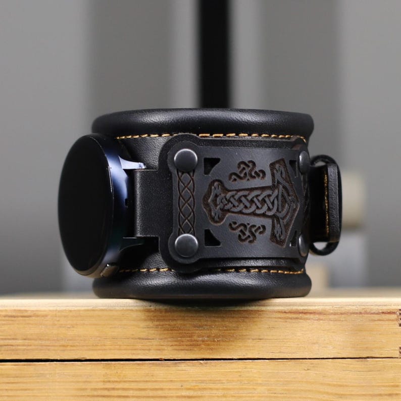 Personalized Leather Smartwatch Band: Engraved Celtic Viking Cuff ...