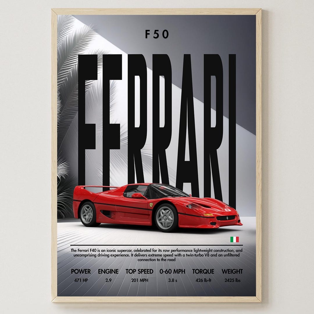Ferrari F50 | Art Print | Digital Download | Home Decor | Car Poster ...