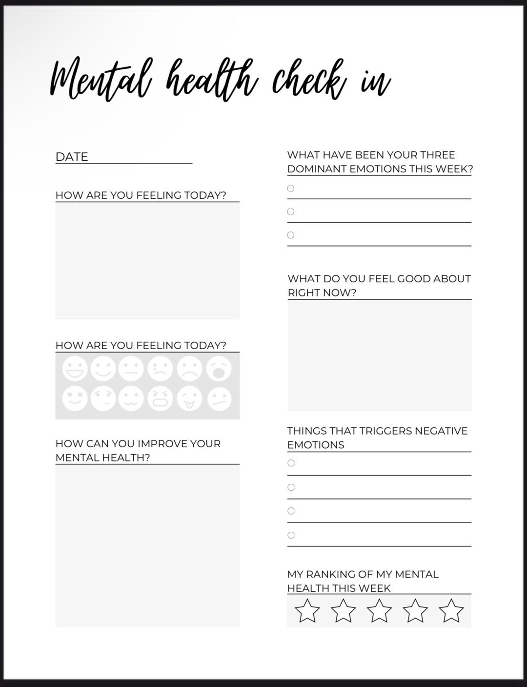 Mental Health Check-in Printable – Guided Emotional Self Reflection ...