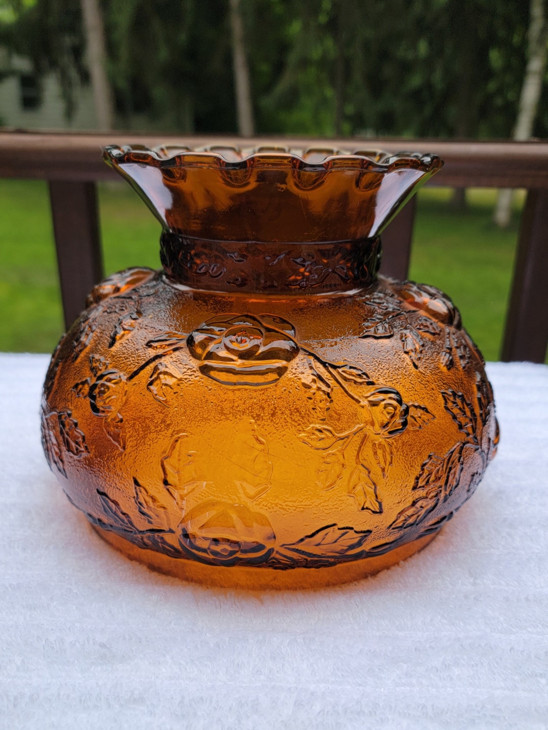 RARE Vintage 70s Amber Rose Pattern Glass Hurricane Style Lamp Top ...