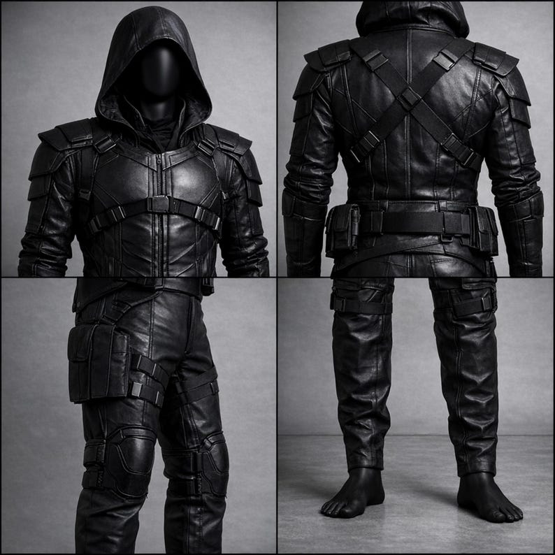 Black Tactical Hooded Leather Costume, Assassin Cosplay Suit, Stealth ...