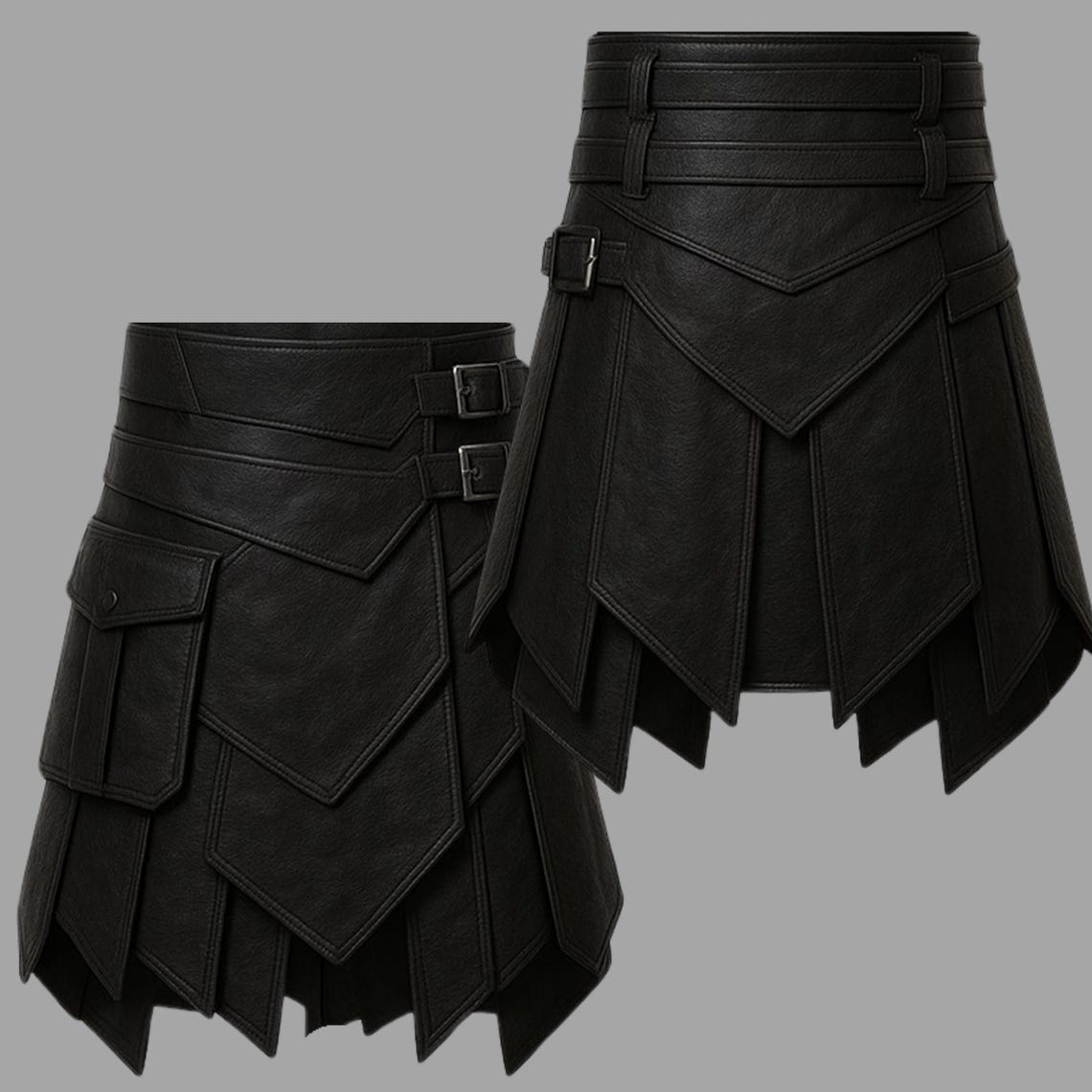 Unisex Black Leather Warrior Kilt, Battle Style Layered Kilt for LARP ...