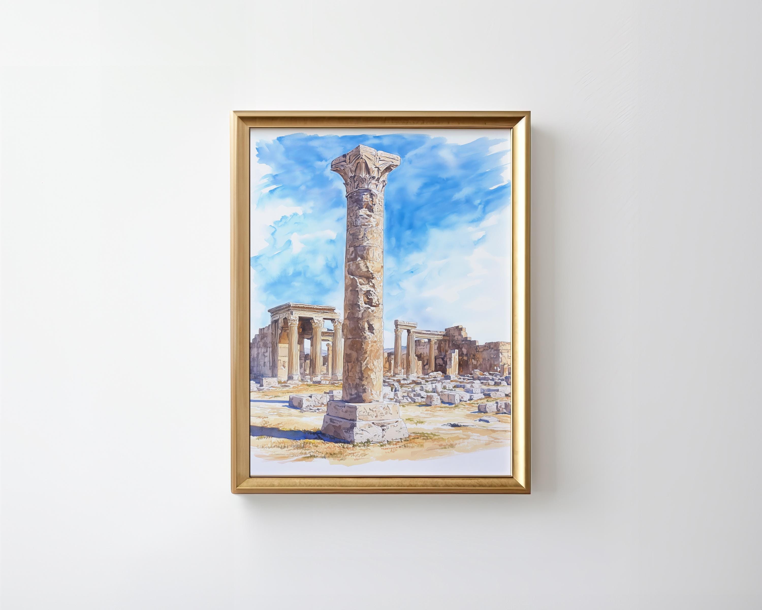 Persepolis Persian Landscape Watercolor Painting Ancient Stone Pillar ...