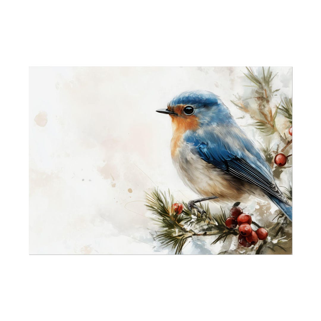 Beautiful Blue Bird Watercolor Painting Evergreen Tree Art Print Blue ...