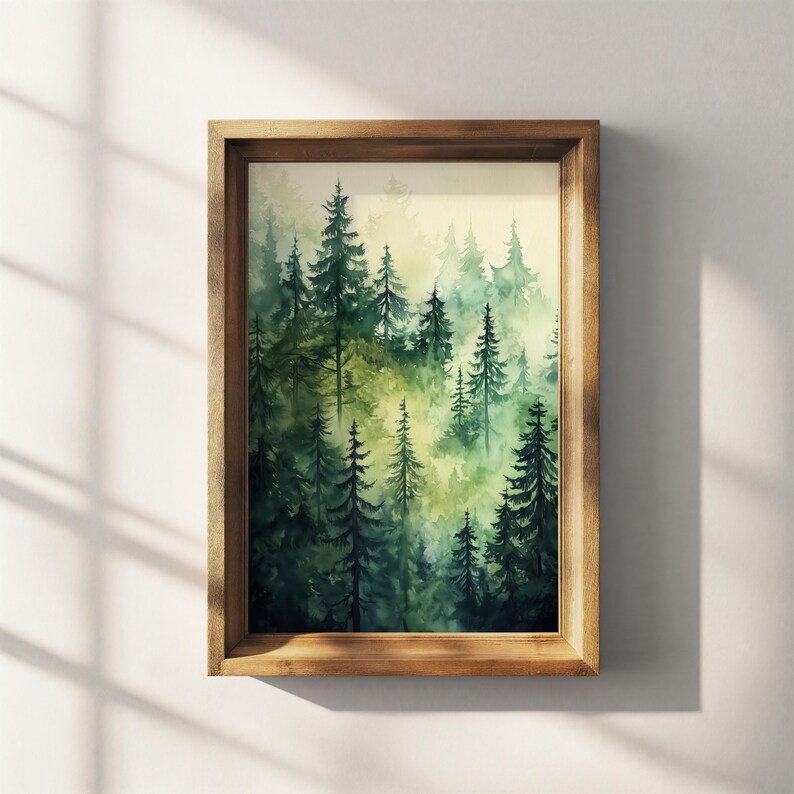 Evergreen Forest Poster Green Pine Trees Watercolor Painting Misty ...