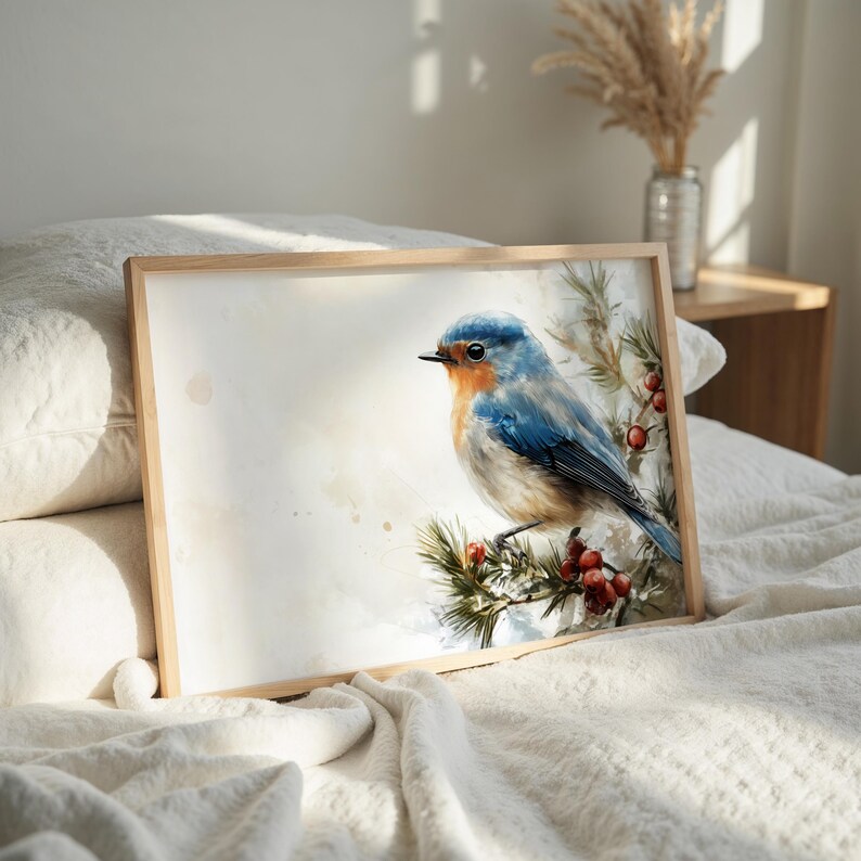 Beautiful Blue Bird Watercolor Painting Evergreen Tree Art Print Blue ...