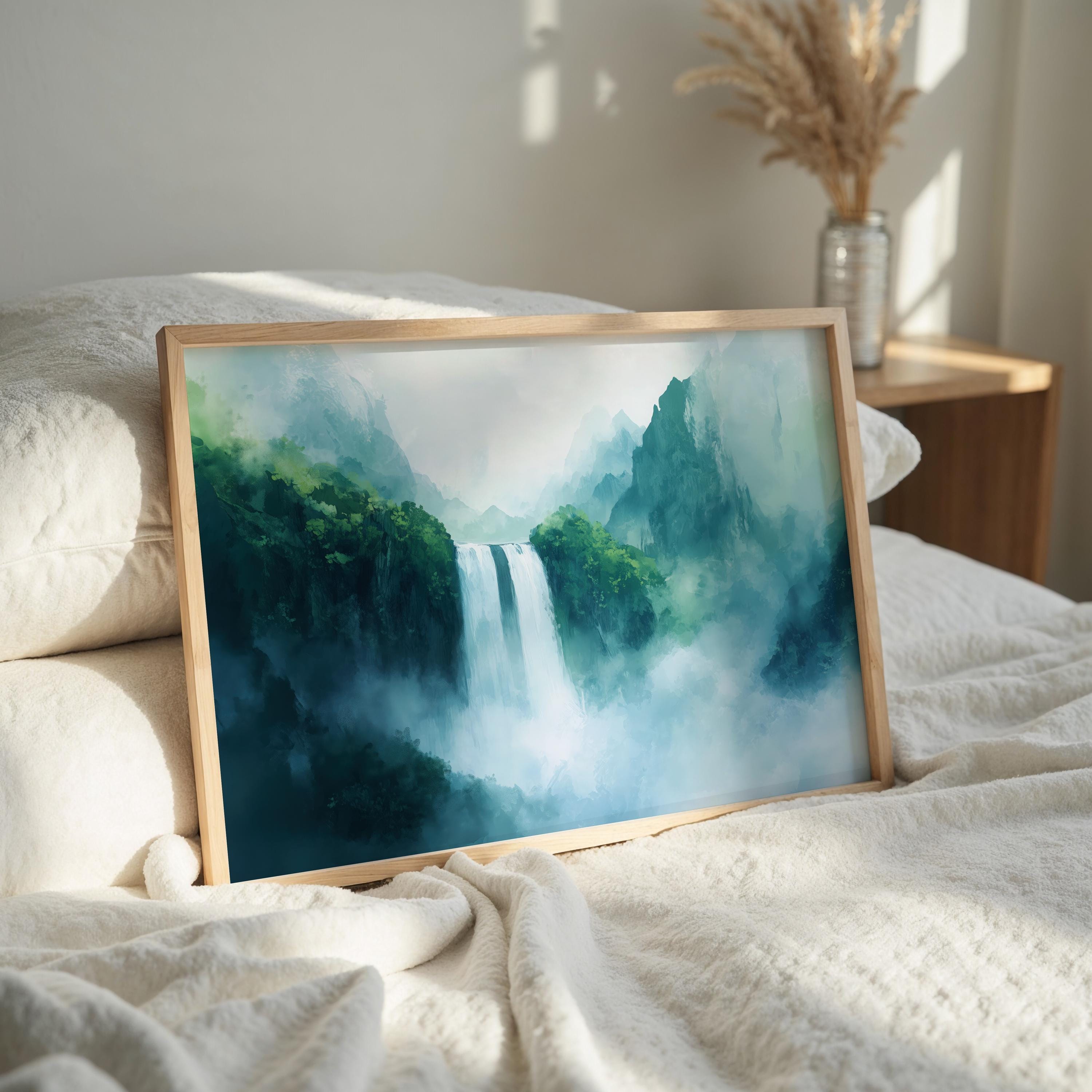 Waterfall Landscape Scenery Watercolor Painting Green Mountains Art ...