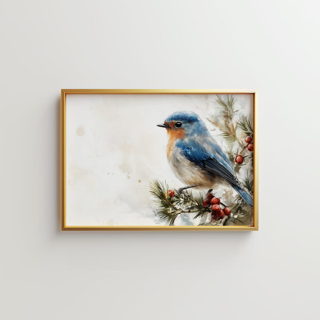 Beautiful Blue Bird Watercolor Painting Evergreen Tree Art Print Blue ...