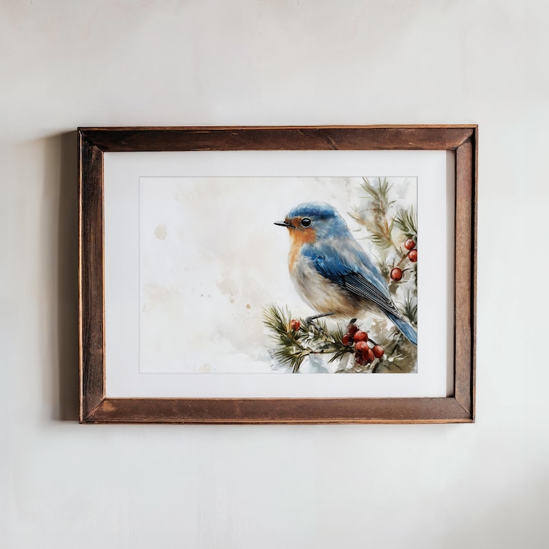 Beautiful Blue Bird Watercolor Painting Evergreen Tree Art Print Blue ...