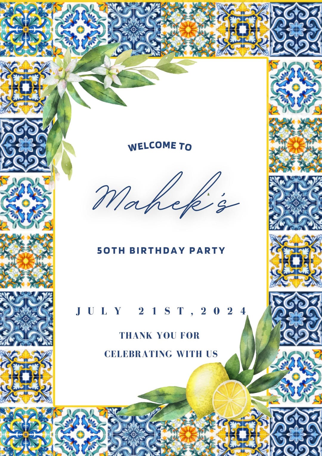 EDITABLE Lemon and Positano Tile Welcome Board, Amalfi Coast Baby ...