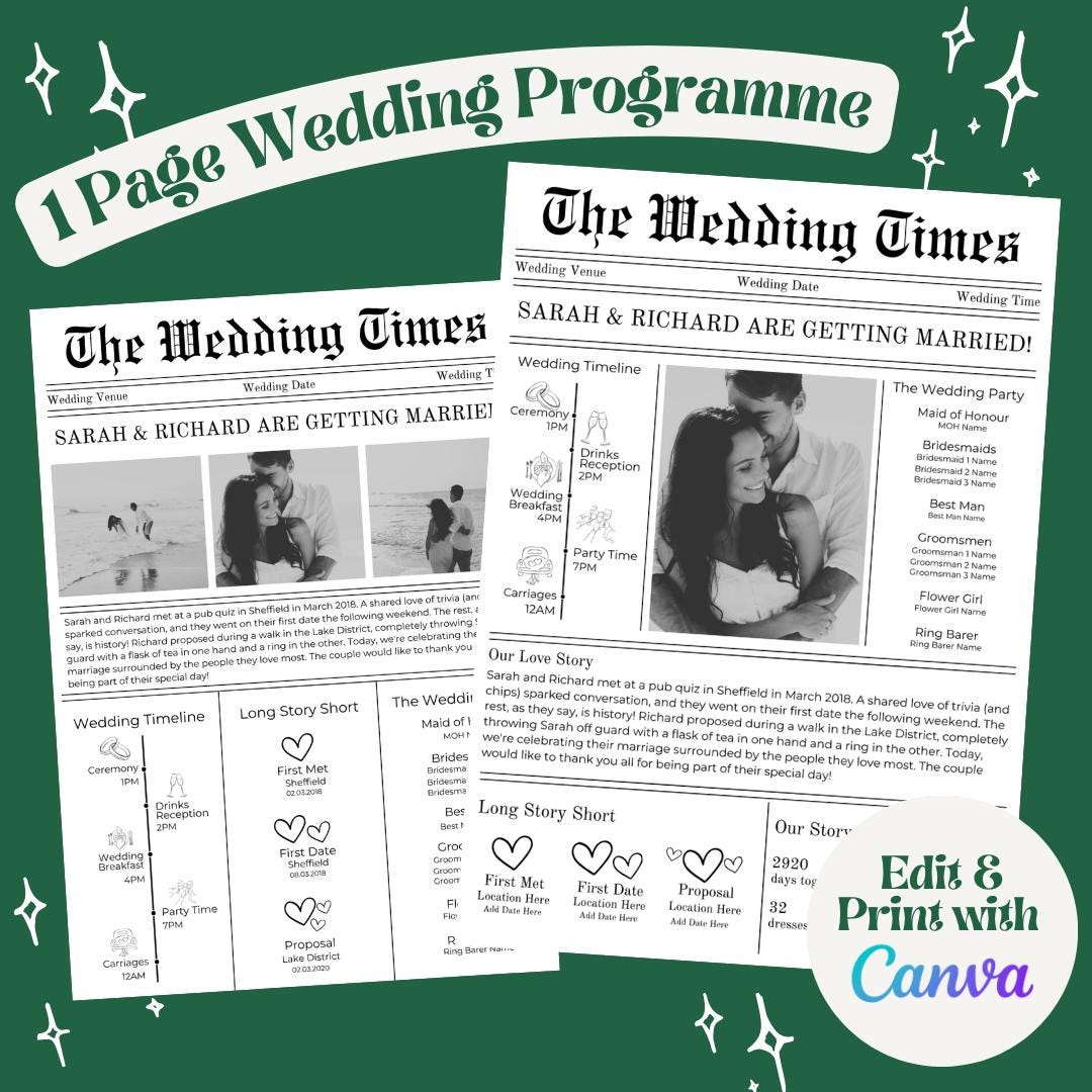 Printable Wedding Newspaper Style Program | A5 One-sided | Editable ...