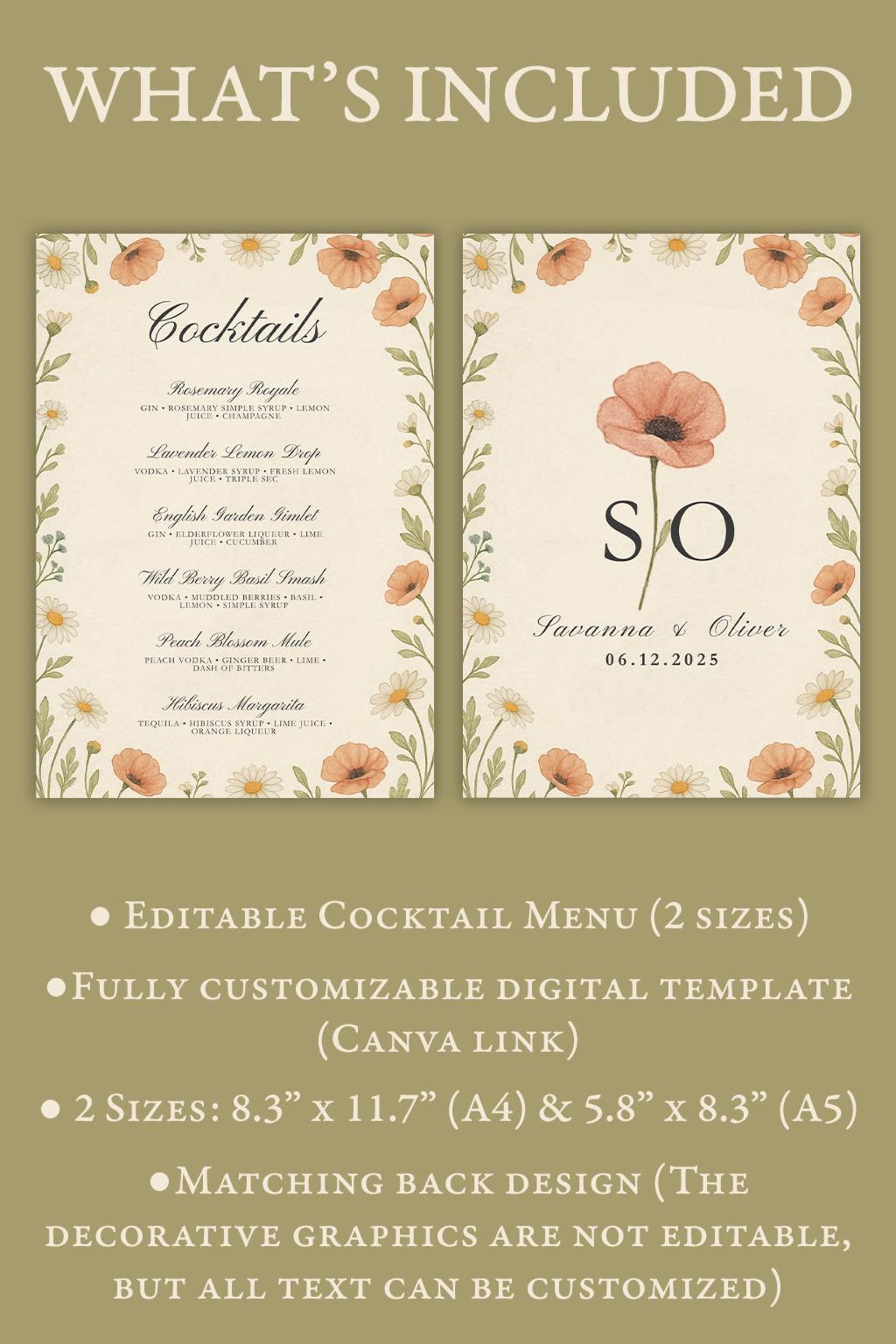 Floral Cocktail Menu Template: Botanical Wedding Bar Sign (A5 Canva ...