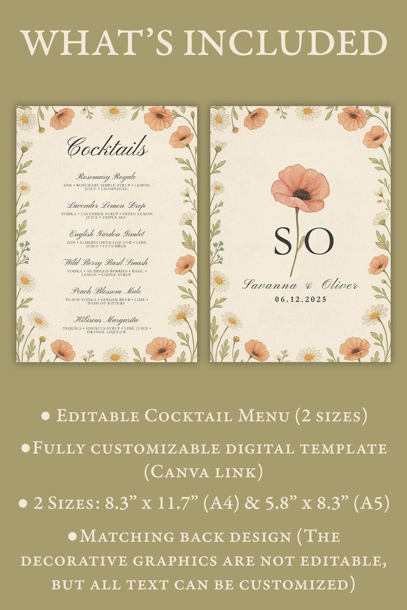 Floral Cocktail Menu Template: Botanical Wedding Bar Sign (A5 Canva ...