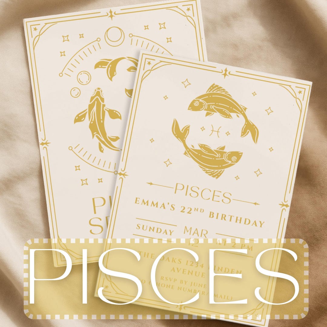 Editable Zodiac Birthday Invitation: Astrology Theme, Pisces Star Sign ...