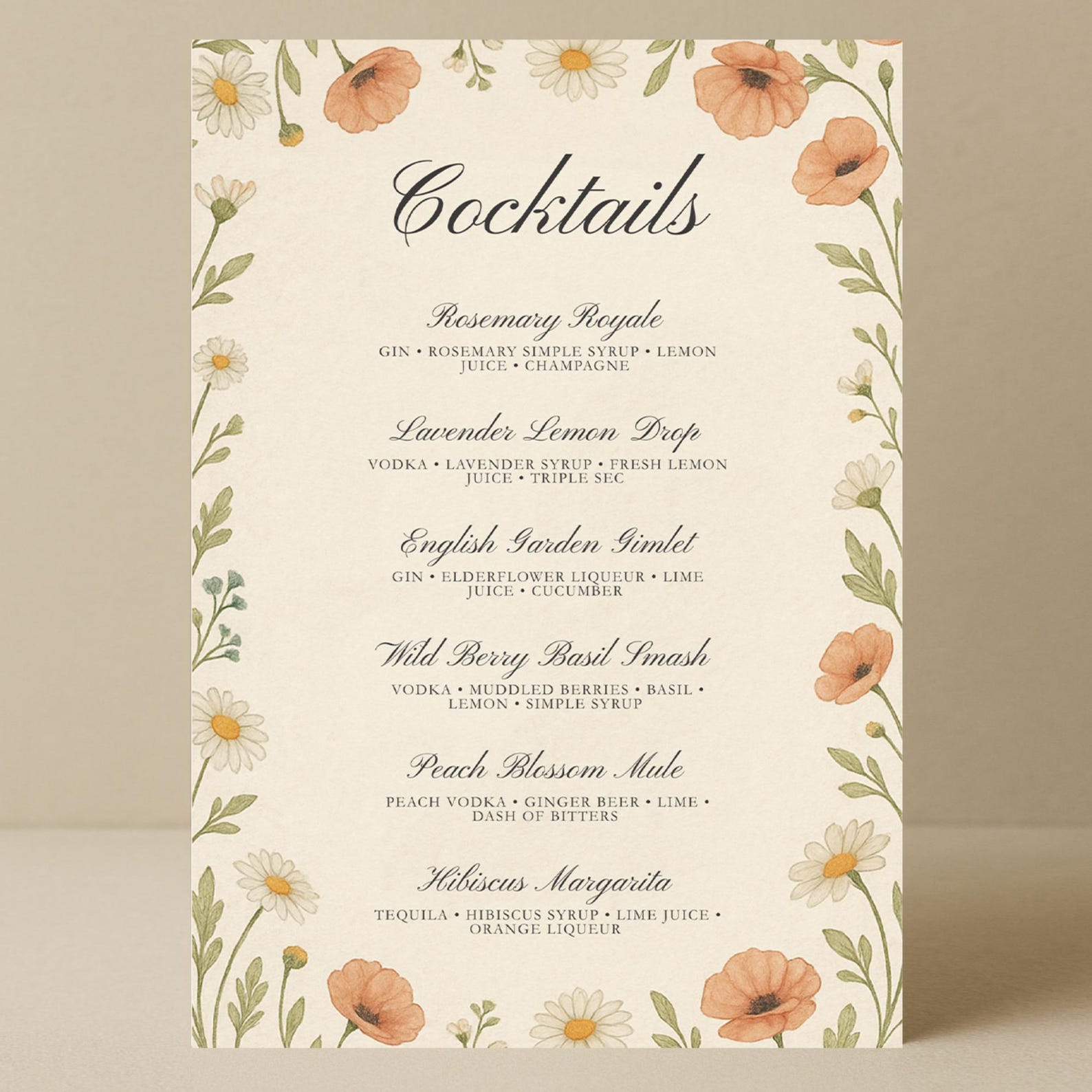 Floral Cocktail Menu Template: Botanical Wedding Bar Sign (A5 Canva ...