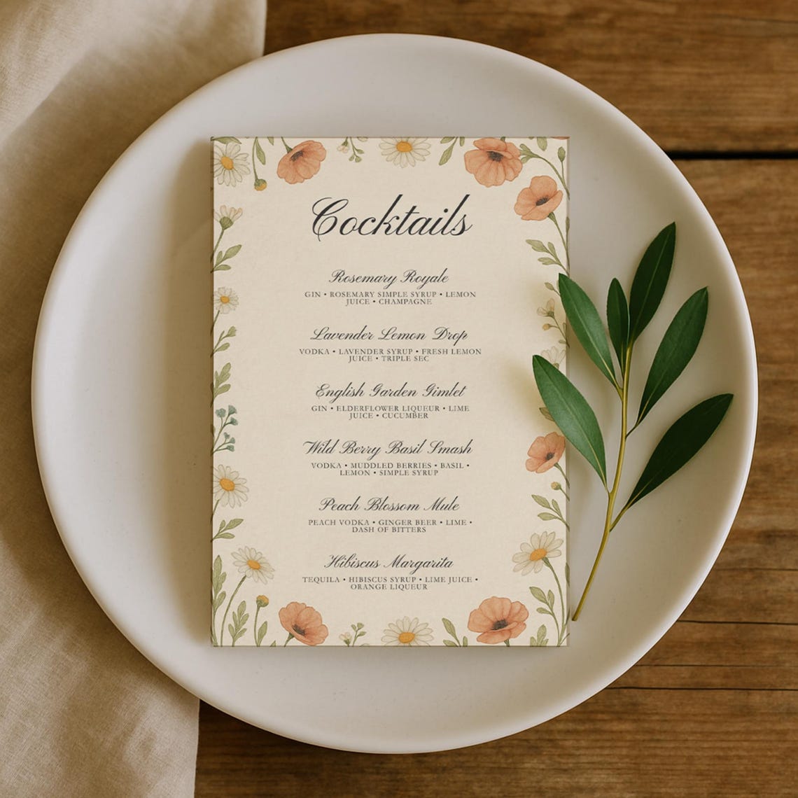 Floral Cocktail Menu Template: Botanical Wedding Bar Sign (A5 Canva ...