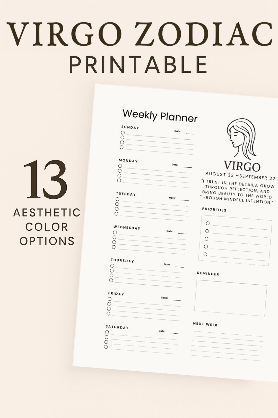 Virgo Zodiac Weekly Planner Printable – 13 Aesthetic Color Options ...