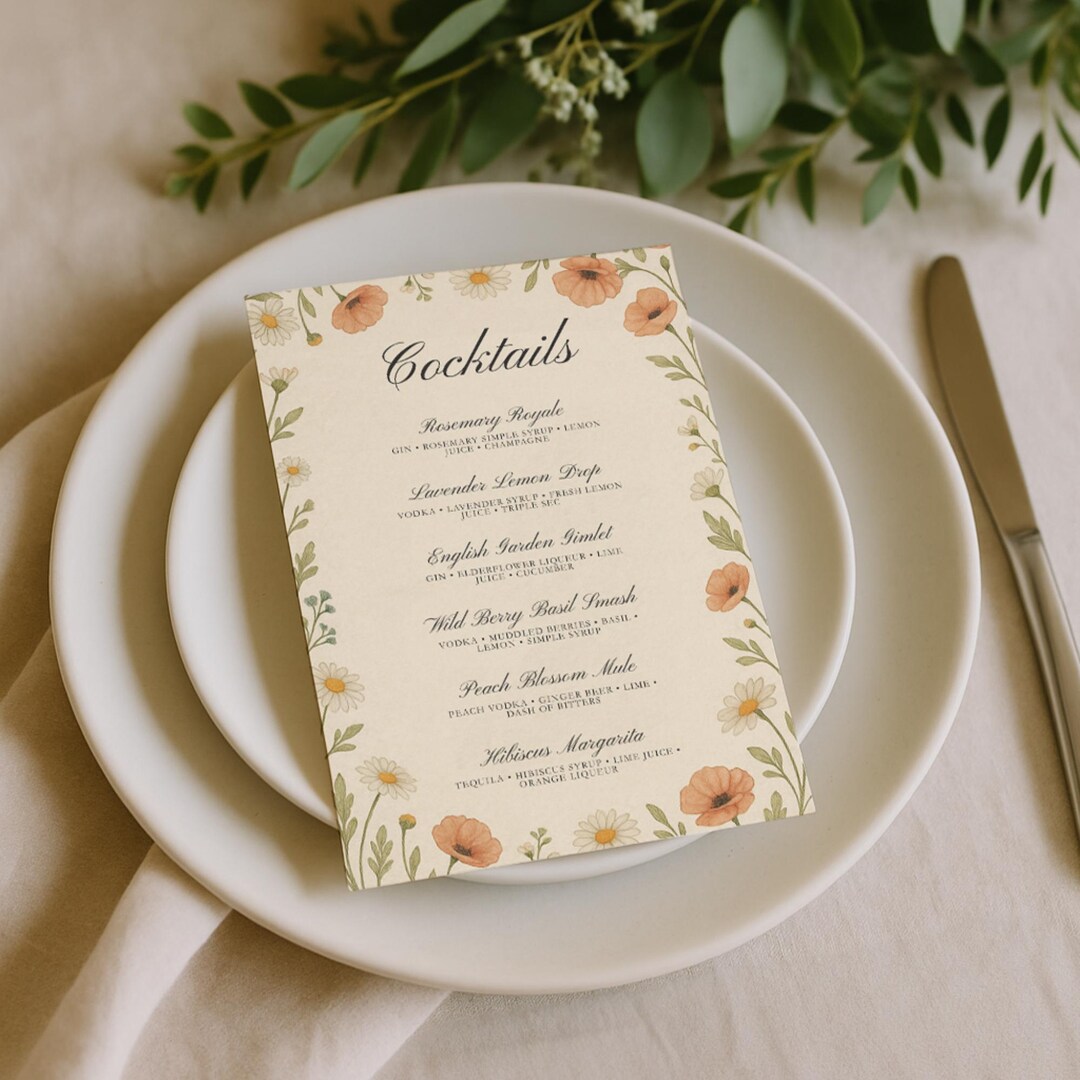 Floral Cocktail Menu Template: Botanical Wedding Bar Sign (A5 Canva ...