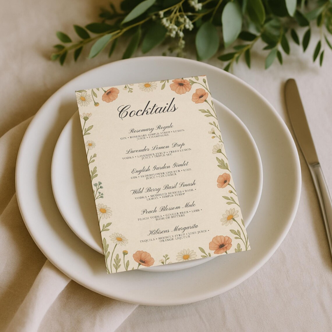 Floral Cocktail Menu Template: Botanical Wedding Bar Sign (A5 Canva ...