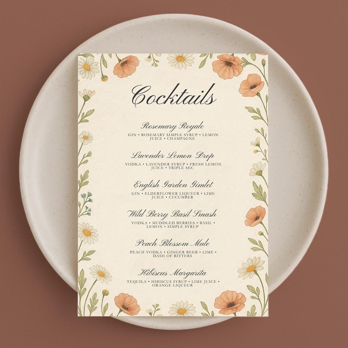 Floral Cocktail Menu Template: Botanical Wedding Bar Sign (A5 Canva ...