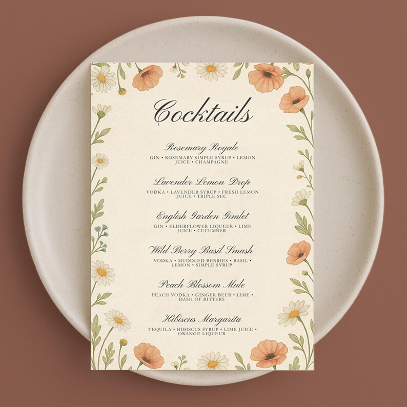 Floral Cocktail Menu Template: Botanical Wedding Bar Sign (A5 Canva ...