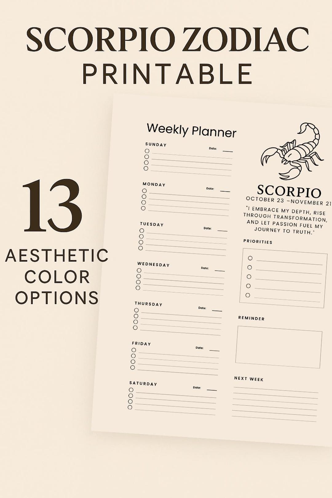 Scorpio Weekly Planner Printable: Astrology PDF, 13 Colors (digital ...