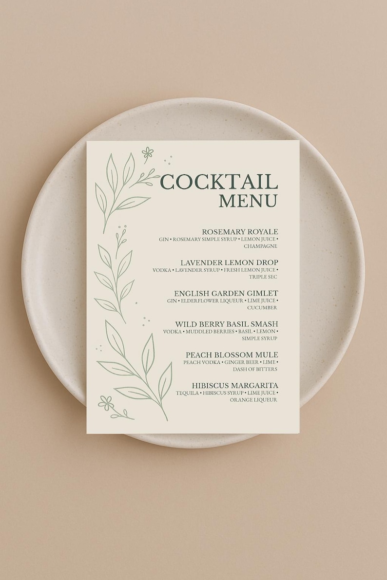 Garden Party Cocktail Menu Template: Editable Bridal Shower Bar Sign ...