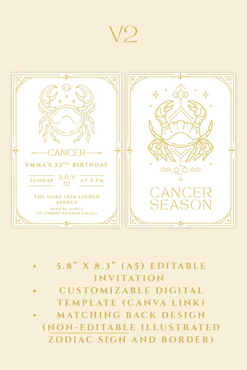 Editable Zodiac Birthday Invitation: Astrology Theme, Cancer Star Sign ...