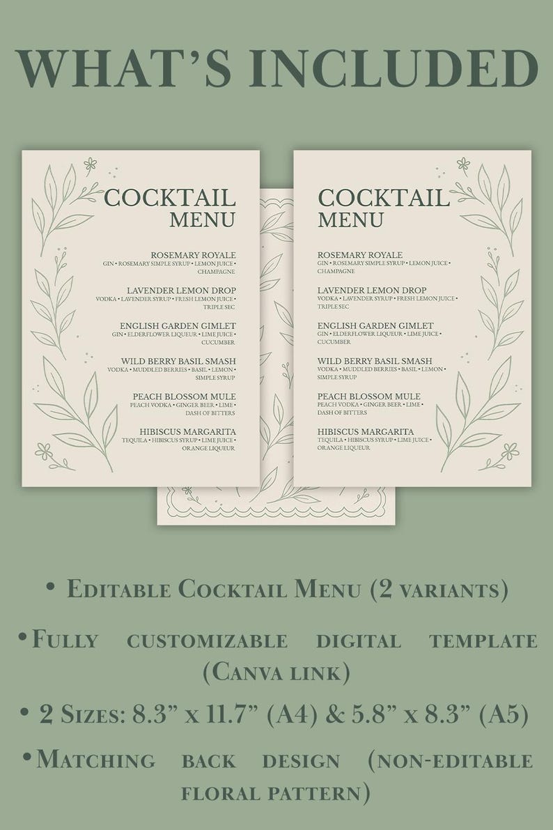 Garden Party Cocktail Menu Template: Editable Bridal Shower Bar Sign ...