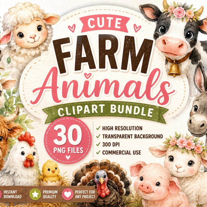 Watercolor Farm Animals Clipart Bundle | Kawaii Barn Illustrations (30 ...