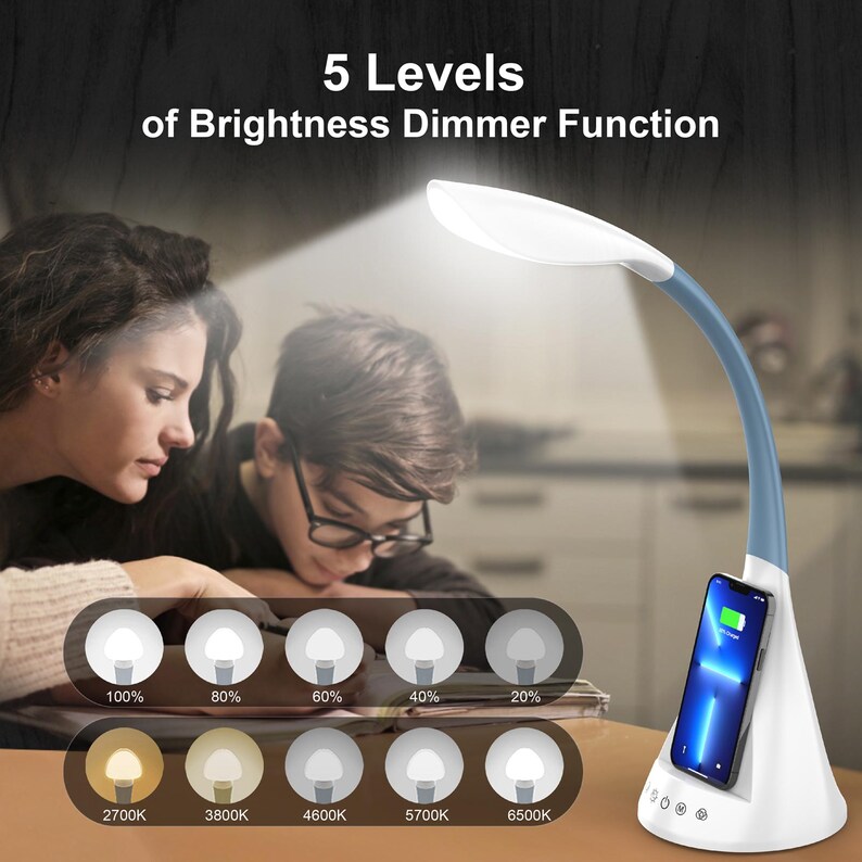 Dimmable LED Desk Lamp With Wireless Charger, Adjustable Gooseneck - Etsy