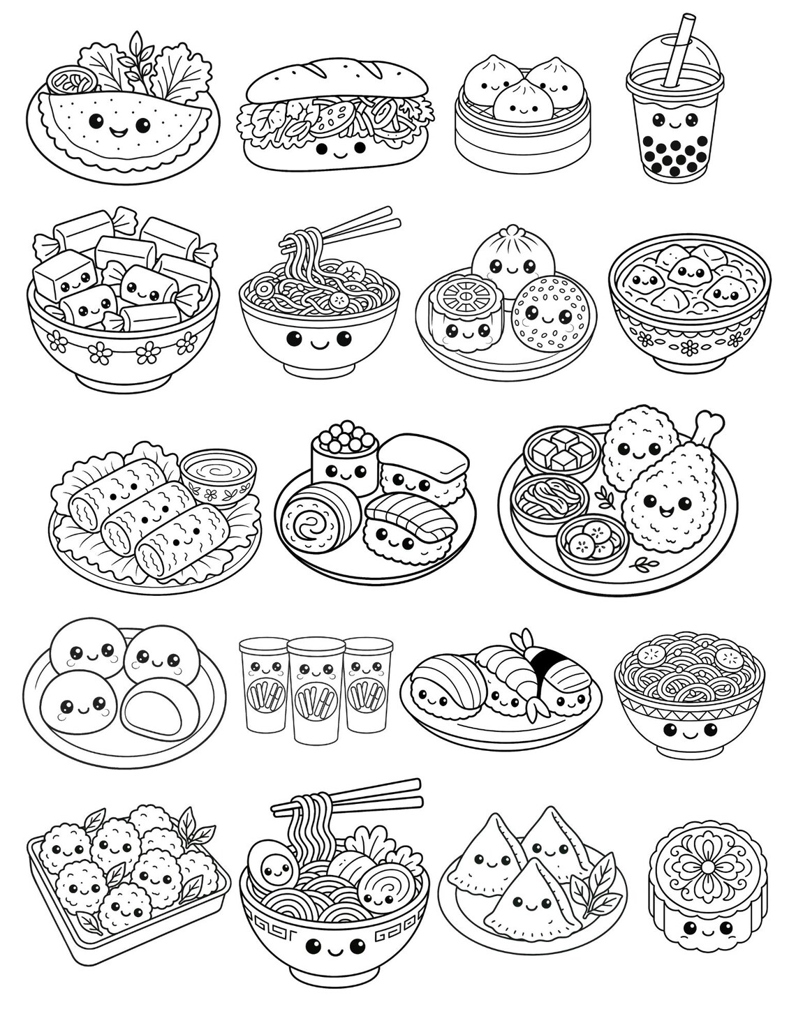 Kawaii-style Asian Foods Coloring Page - Etsy