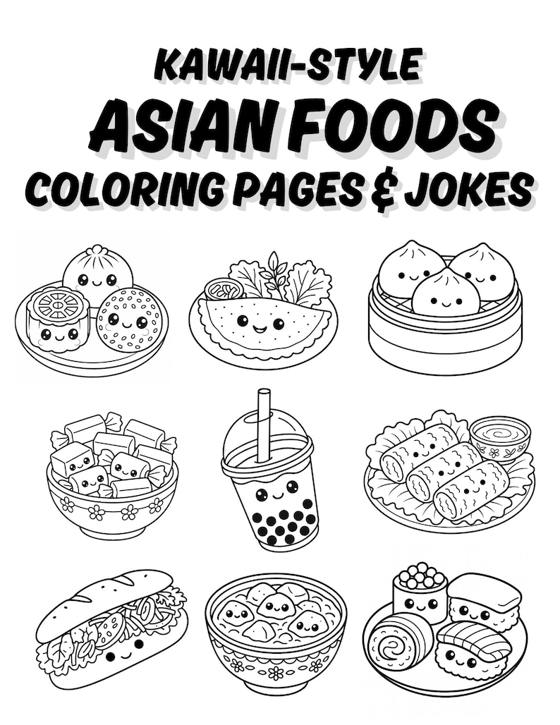 Kawaii-style Asian Foods Coloring Pages & Jokes - Download to Print - Etsy