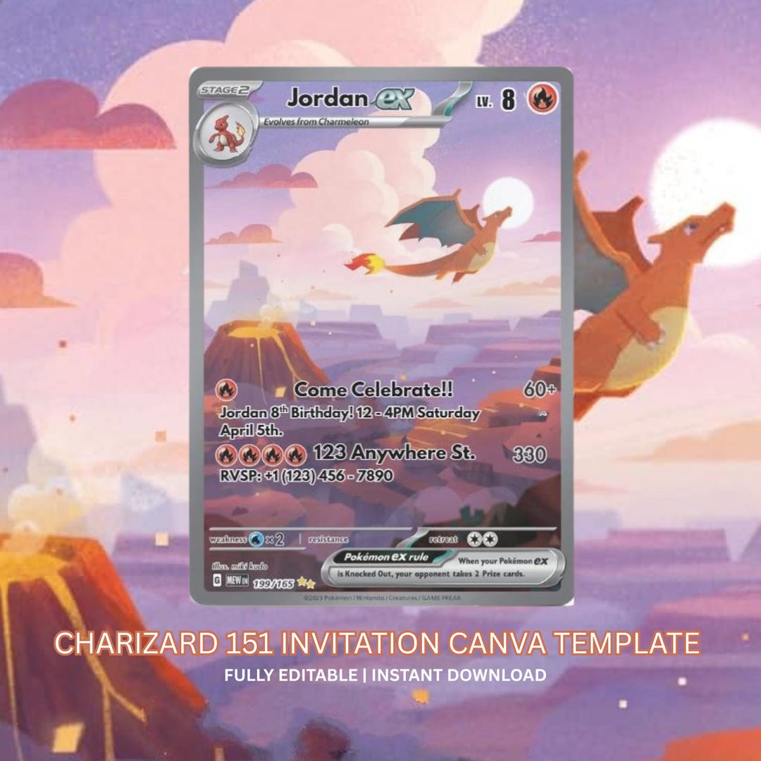 Editable Charizard 151 Birthday Invitation, Pokemon Birthday Invitation ...